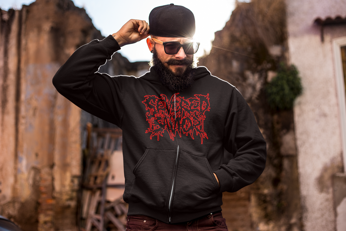 Severed Savior Outline Logo Zip Up Hoodie - Red – Death Metal Apparel